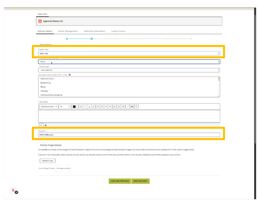 Creating and Submitting an AMC 150 Event in Outdoors Connector
